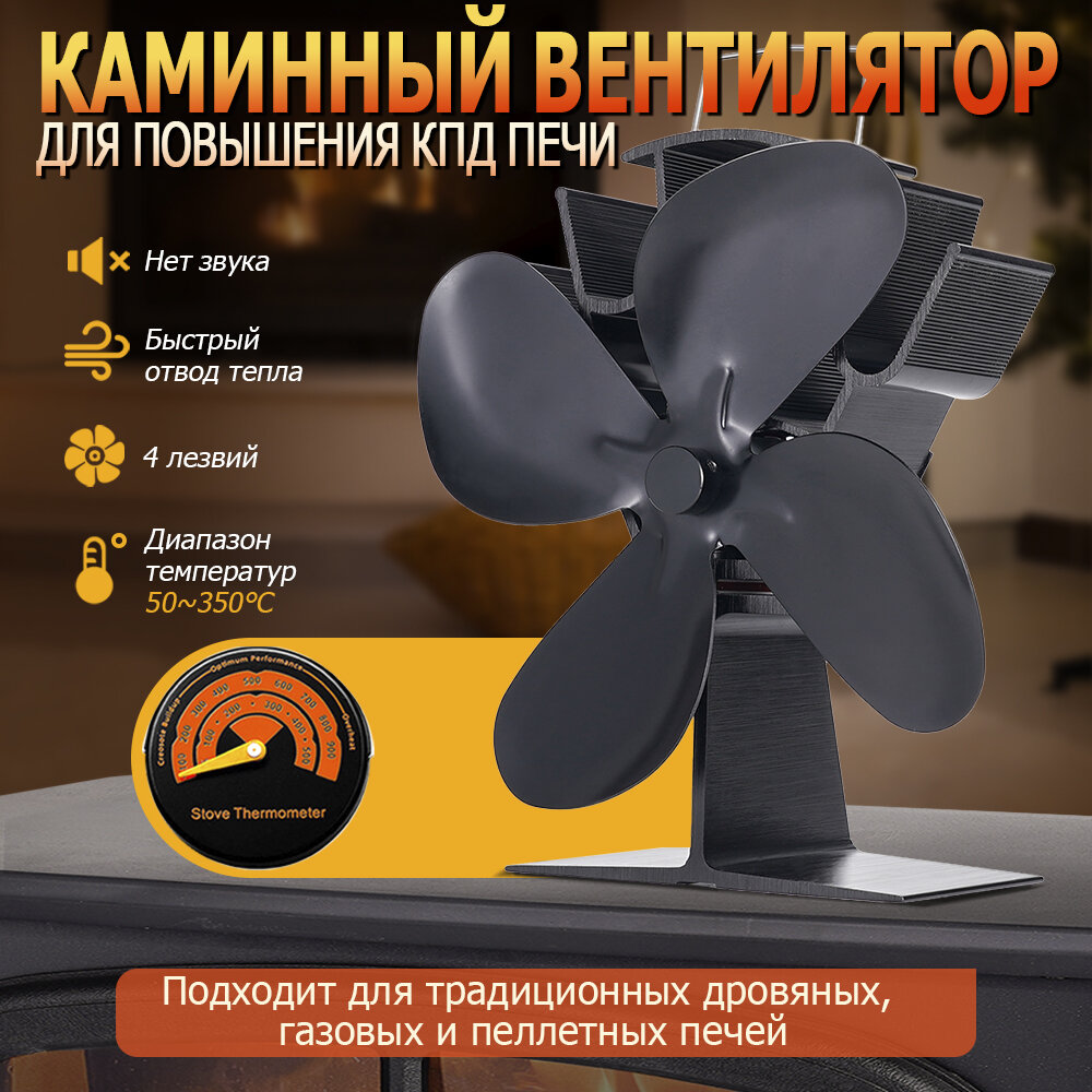 Тепловентилятор каминный, с термометром, 4 лопасти, красный/черный