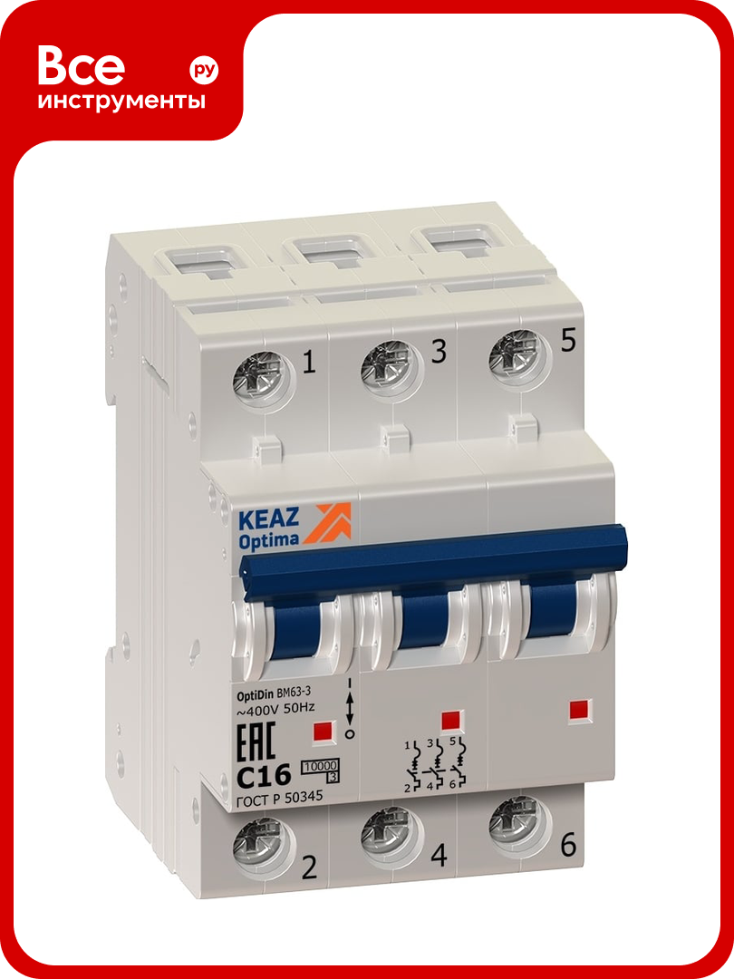 Автоматический модульный выключатель КЭАЗ OptiDin BM63-3C40-УХЛ3 260798, серый корпус, три полюса, защита