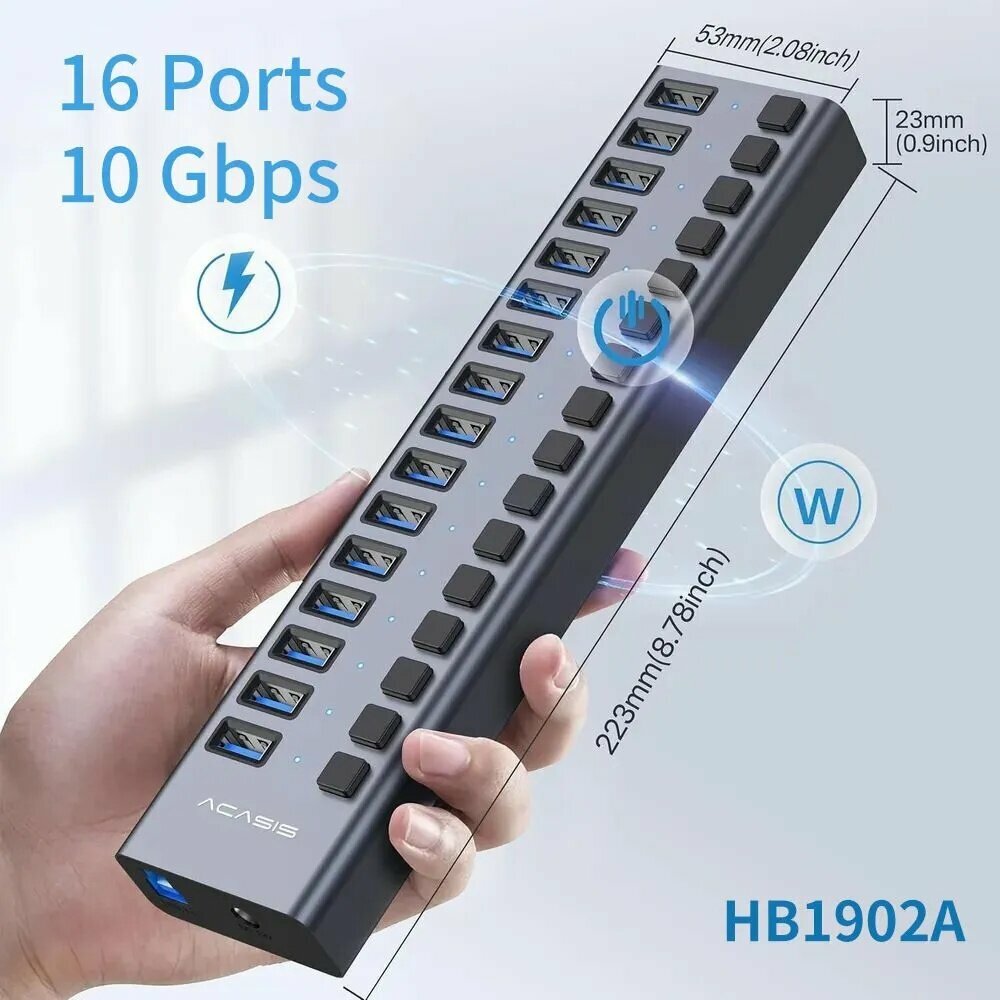 Концентратор USB 3.1 с блоком питания, ACASIS 16-портовый концентратор USB 3.1, скорость передачи данных 10 Гбит/с, алюминиевый корпус, USB-концентратор с адаптером питания 90 Вт