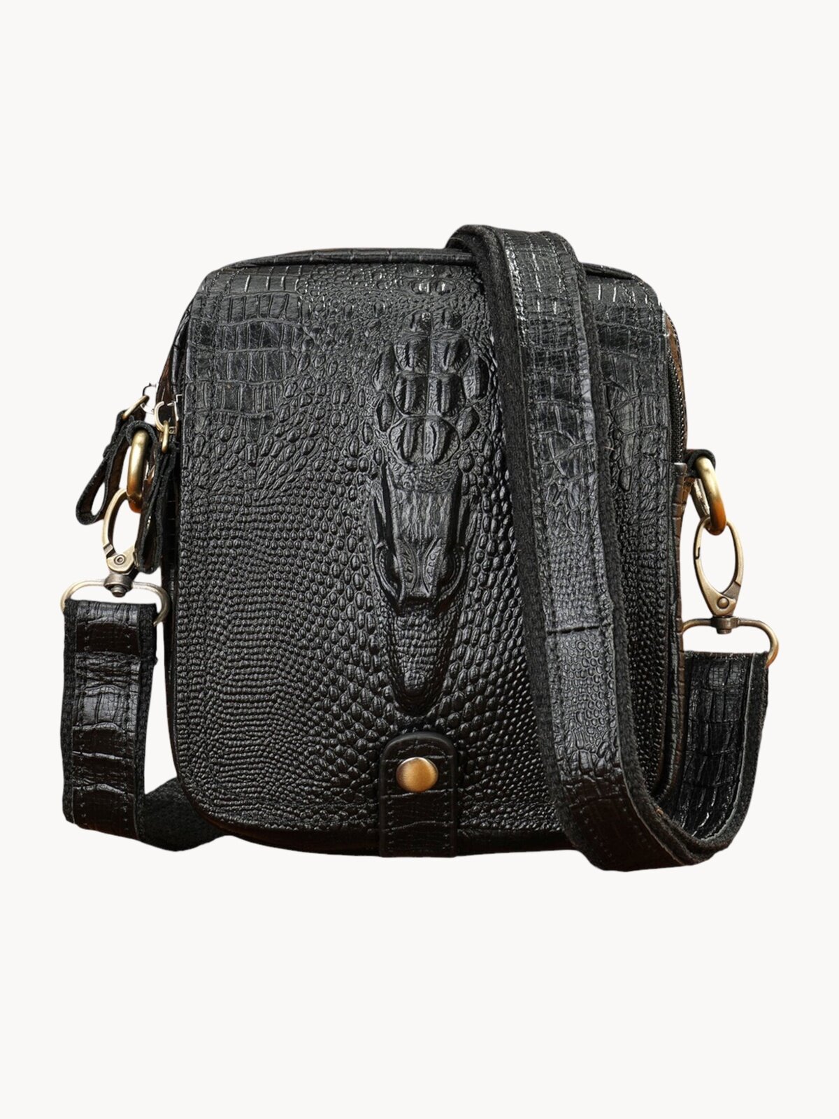 Сумка кросс-боди Сумка мужская кожаная через плечо, натуральная кожа с тиснением крокодил черная