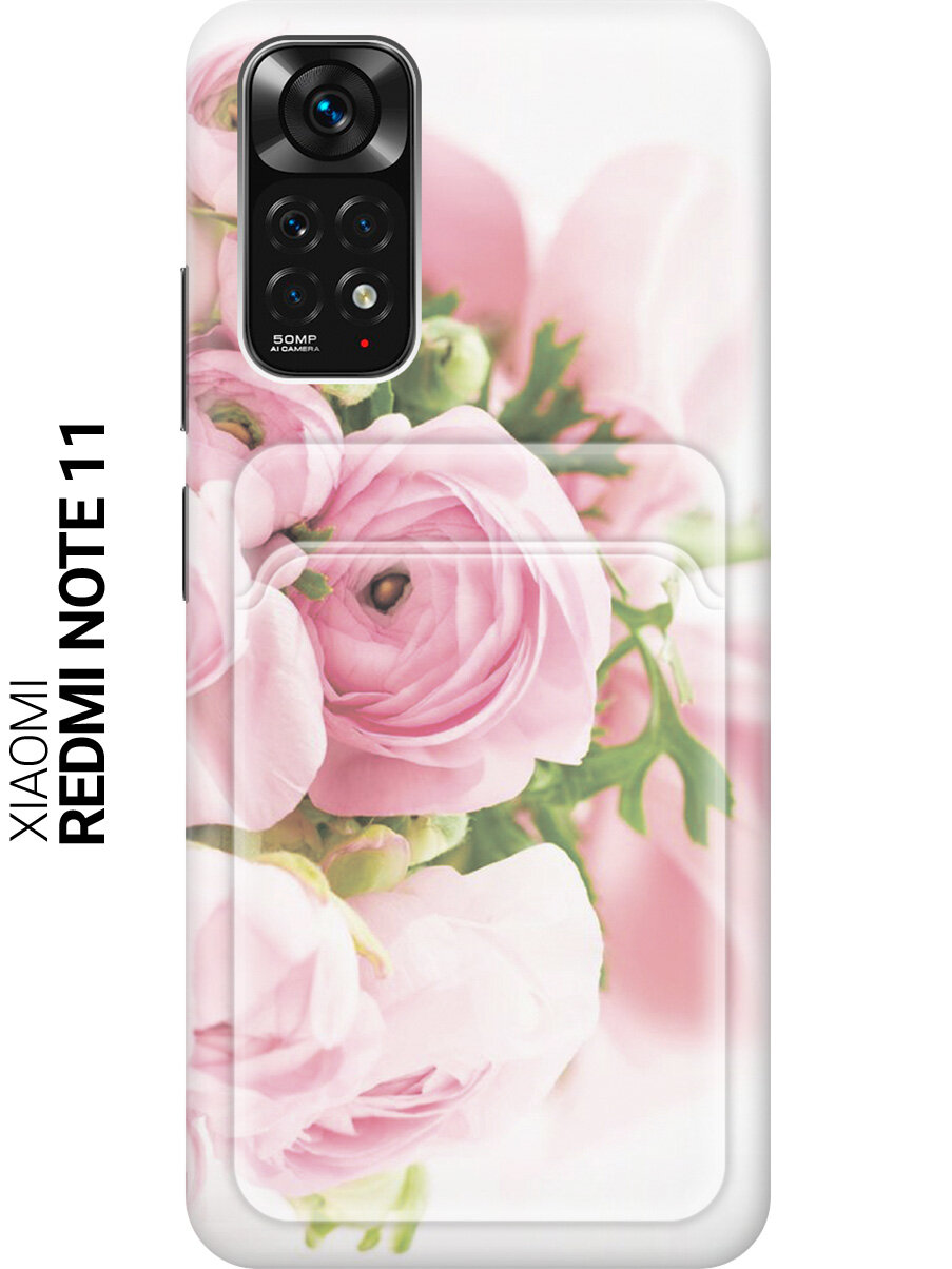 Чехол с карманом для карт на Xiaomi Redmi Note 11 / Note 11S / Сяоми Редми Ноут 11 / Ноут 11С с принтом "Розовые розы"