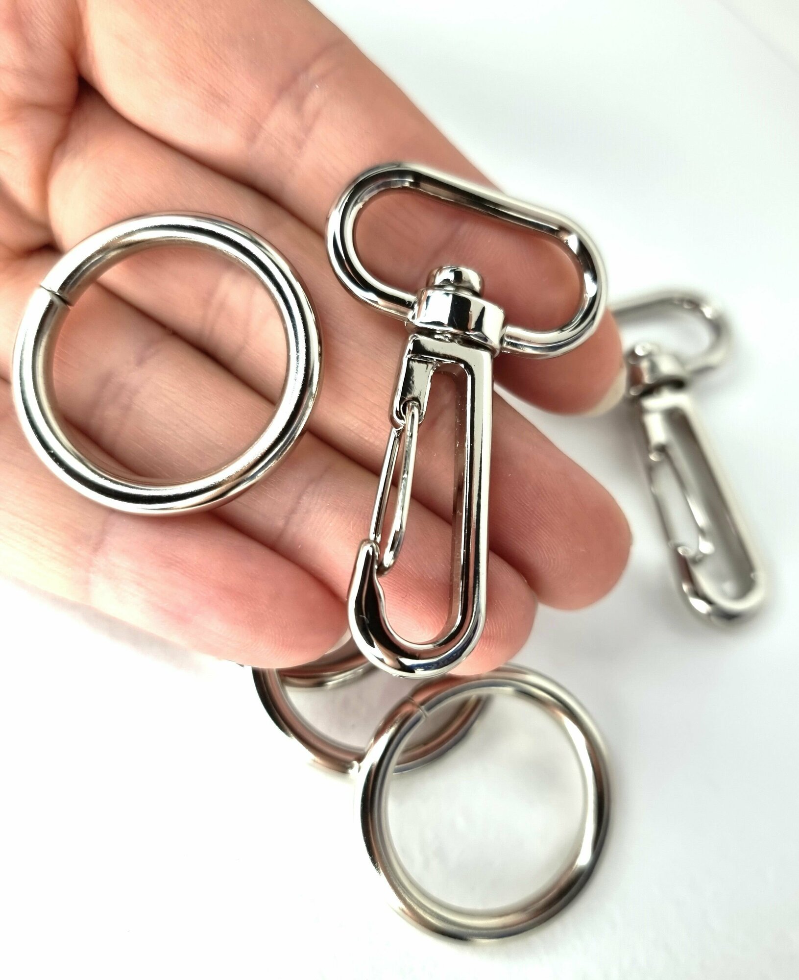 Сумочные карабины и кольца. 52мм, 32/25мм. 6шт. Стальной родий.