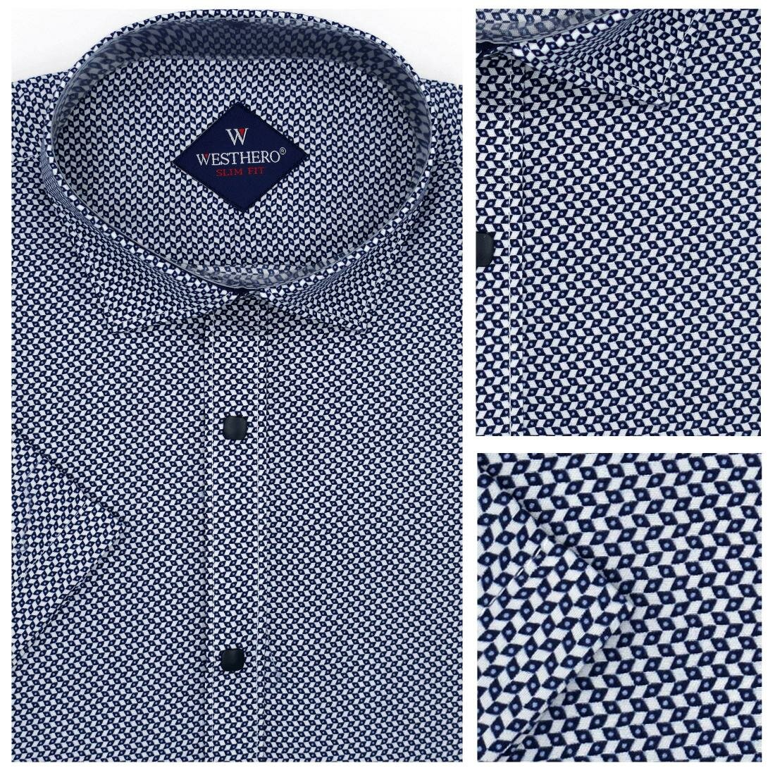 Рубашка приталенная с коротким рукавом мужская рубашка, темная сорочка, на кнопках, рубаха на любой сезон, синяя с принтом, без карманов, летняя рубашка