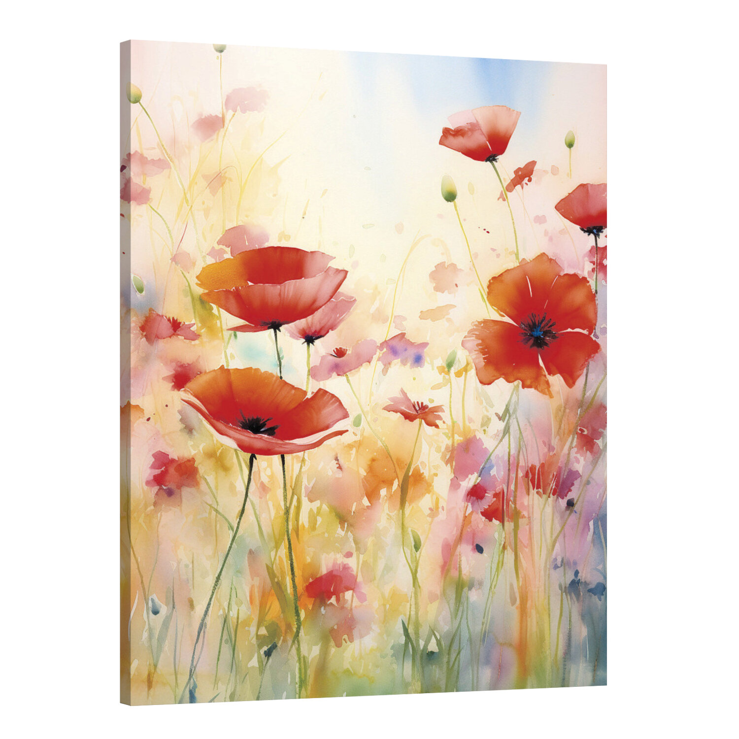 Интерьерная картина 50х70 "Пейзаж с солнцем, лугом и цветущими маками"