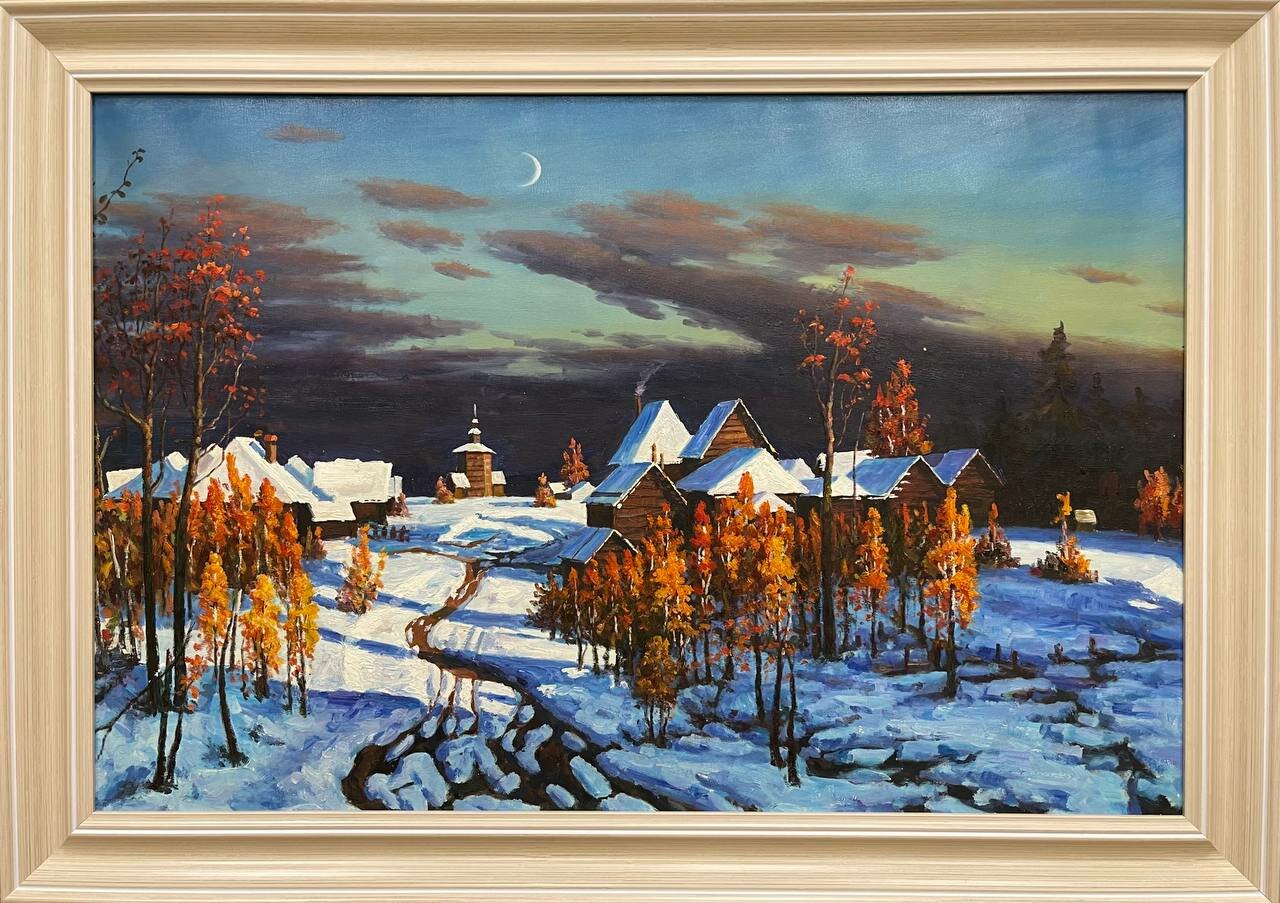 Картина маслом, зимний пейзаж "На краю леса"