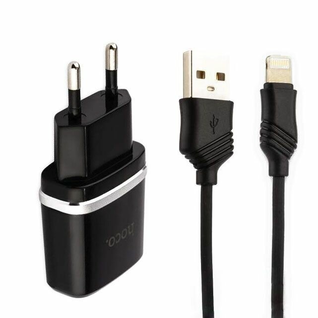 Зарядное устройство на 2 USB и кабель для iPhone iPad iPod, Hoco C12 Dual USB Charger 2.4 А, черное