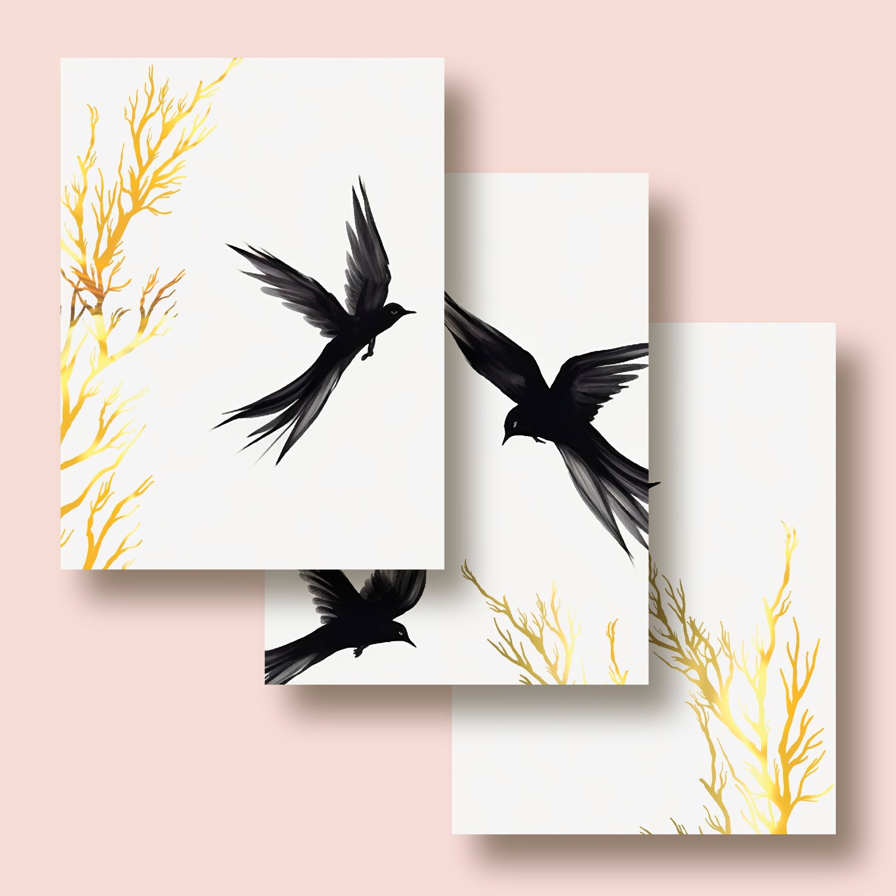 Постеры интерьерные золотые (3 штуки, 30х40 см). Картины /декор для дома / интерьерный коллаж. Птицы и ветки