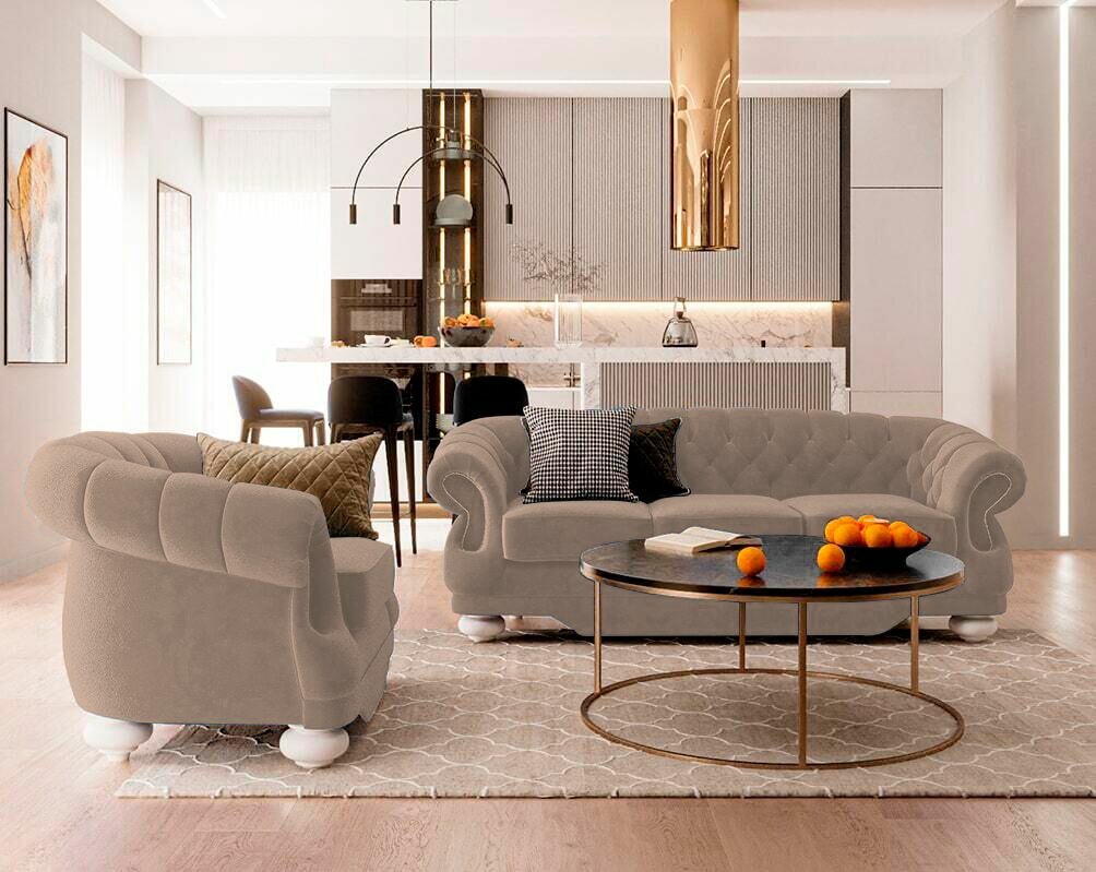 Диван-кровать прямой KOH-I-NOOR для гостиной c подлокотниками, бежевый, велюр, раскладной, 217х95х86см