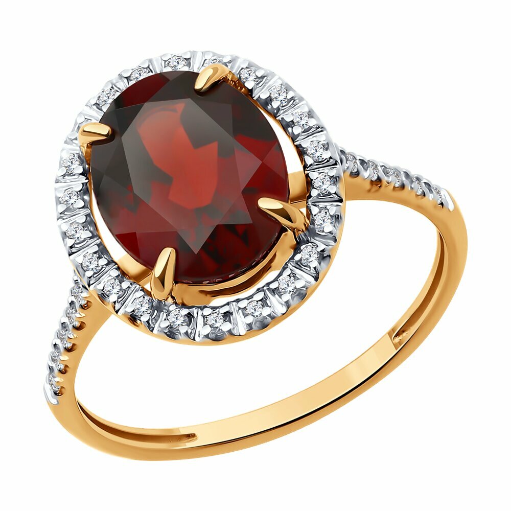 Кольцо, красное золото, 585 проба, фианит, гранат