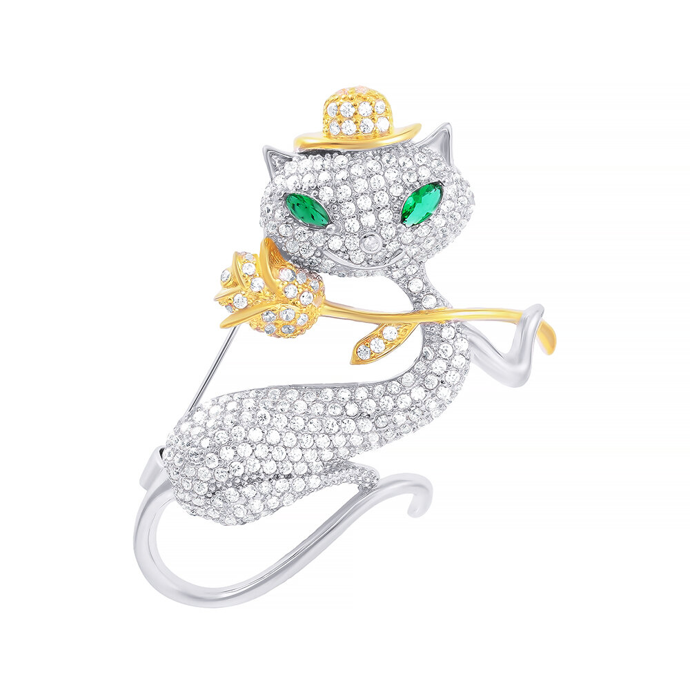 Брошь, серебро, 925 проба, фианит