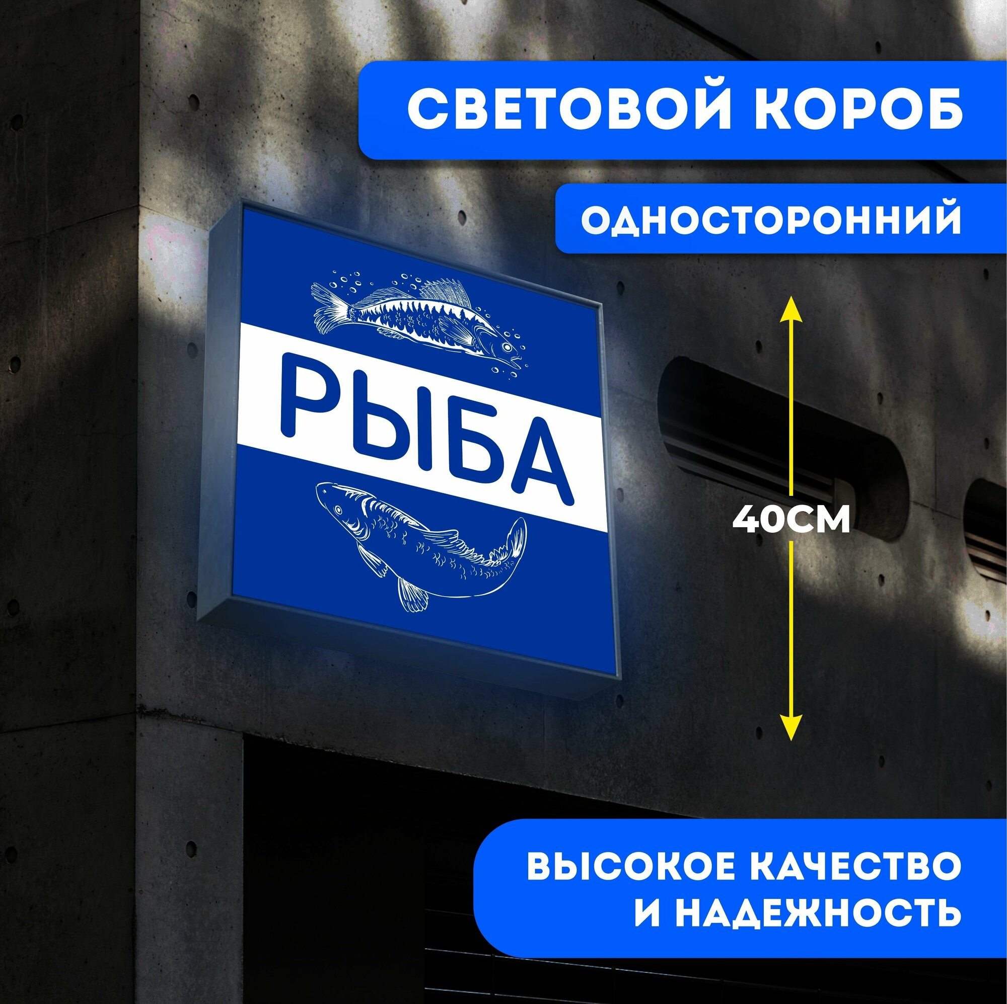 Вывеска световая квадратная Рыба / лайтбокс / объемный односторонний световой короб с подсветкой