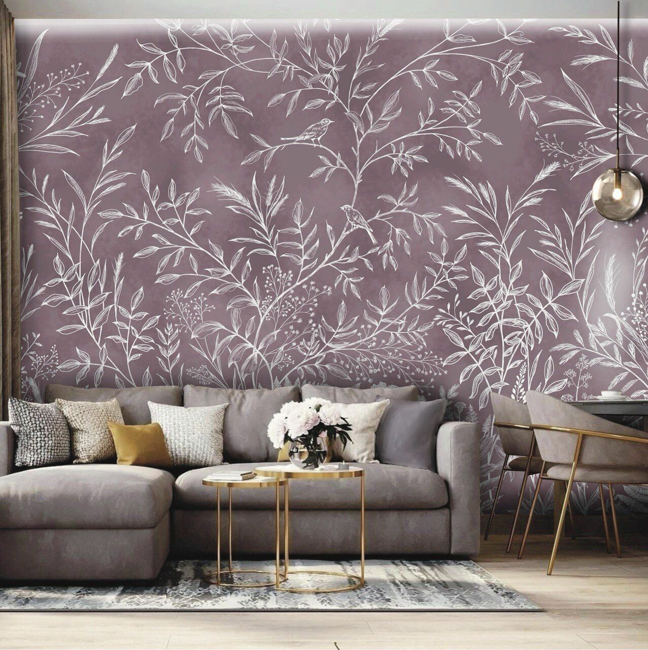 Фреска бесшовная "Птички в полевых цветах" пыльно-розовый (ширина 2550мм х длина 3000мм)