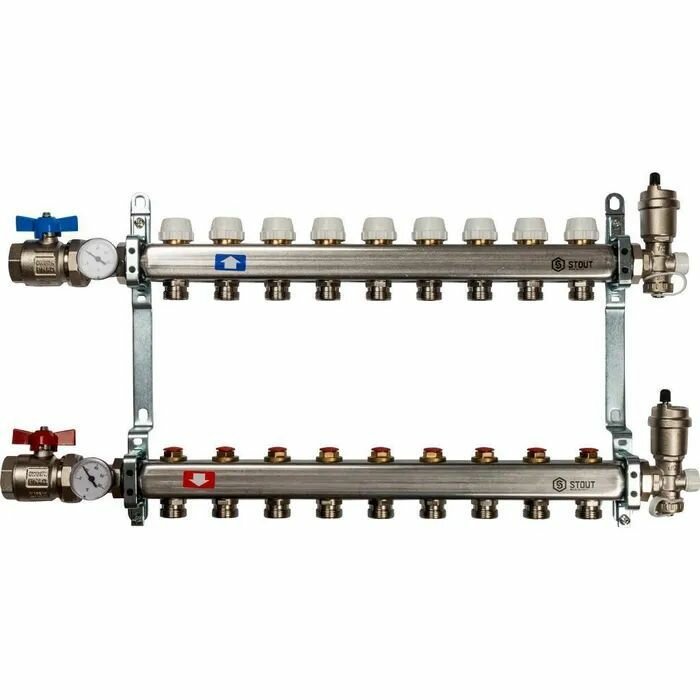 Коллектор STOUT с запорными клапанами, в сборе без расходомеров, 9 вых.