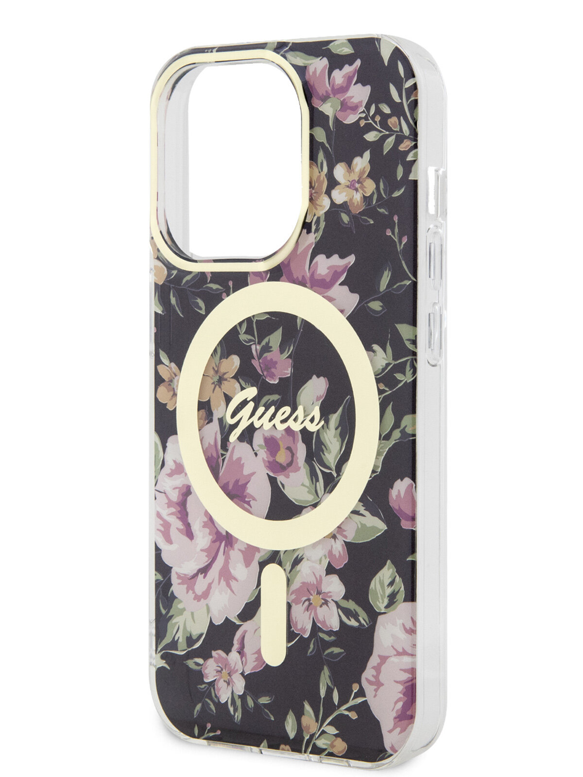 Guess для iPhone 14 Pro чехол MagSafe PC/TPU Flower Hard Black/Gold