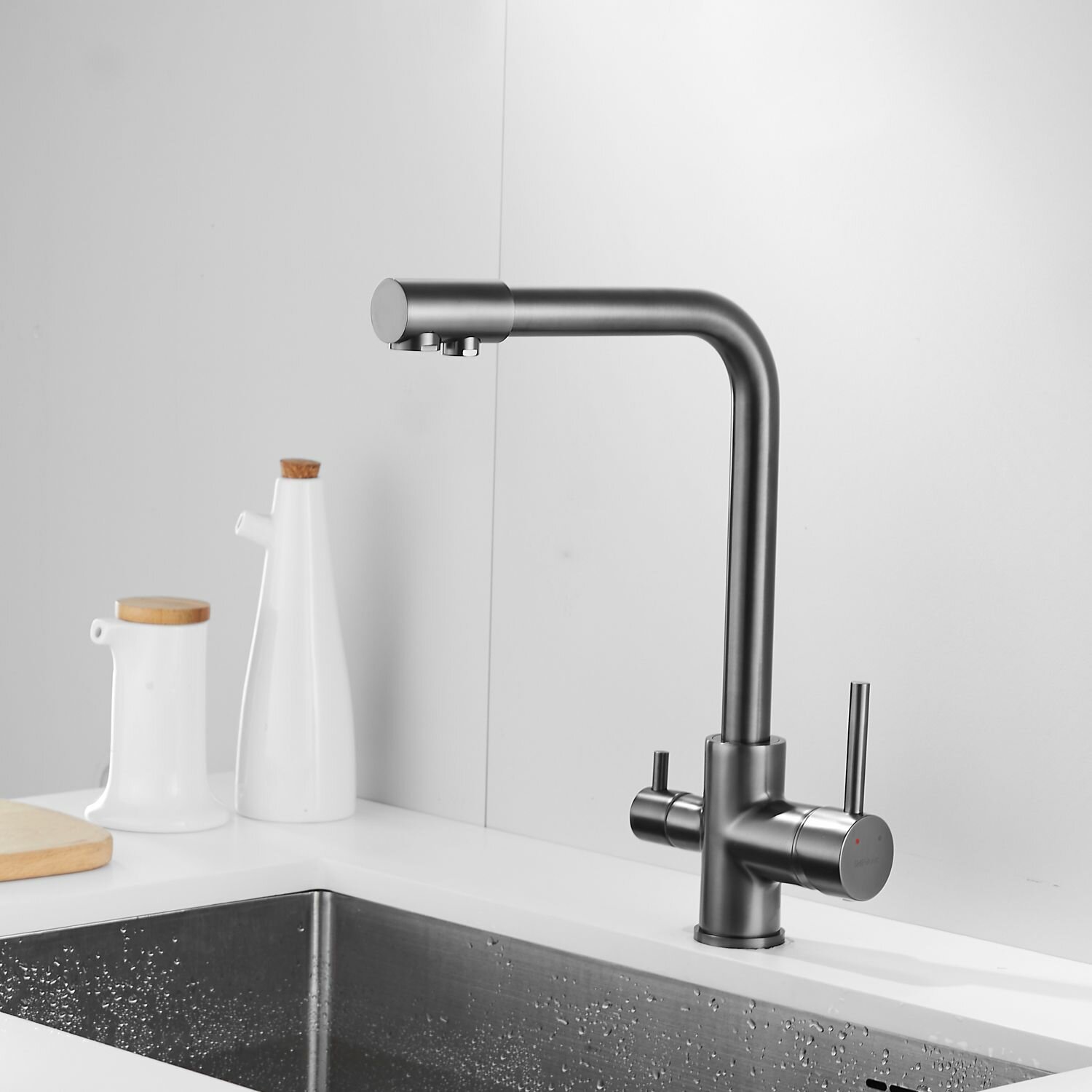 SHEVANIK" Смеситель для кухни с подключением фильтра питьевой воды, оружейная сталь S328T