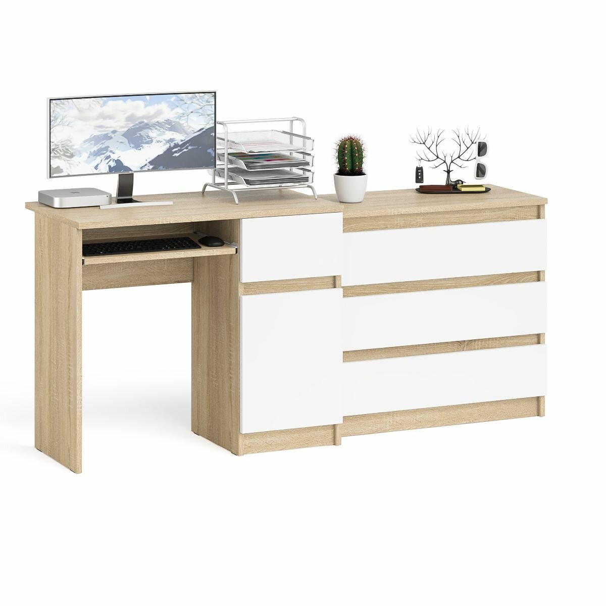 Стол компьютерный СВК Мори МС-1 правый с комодом на 3 ящика дуб сонома/белый, 170,4х50х76,6 см.