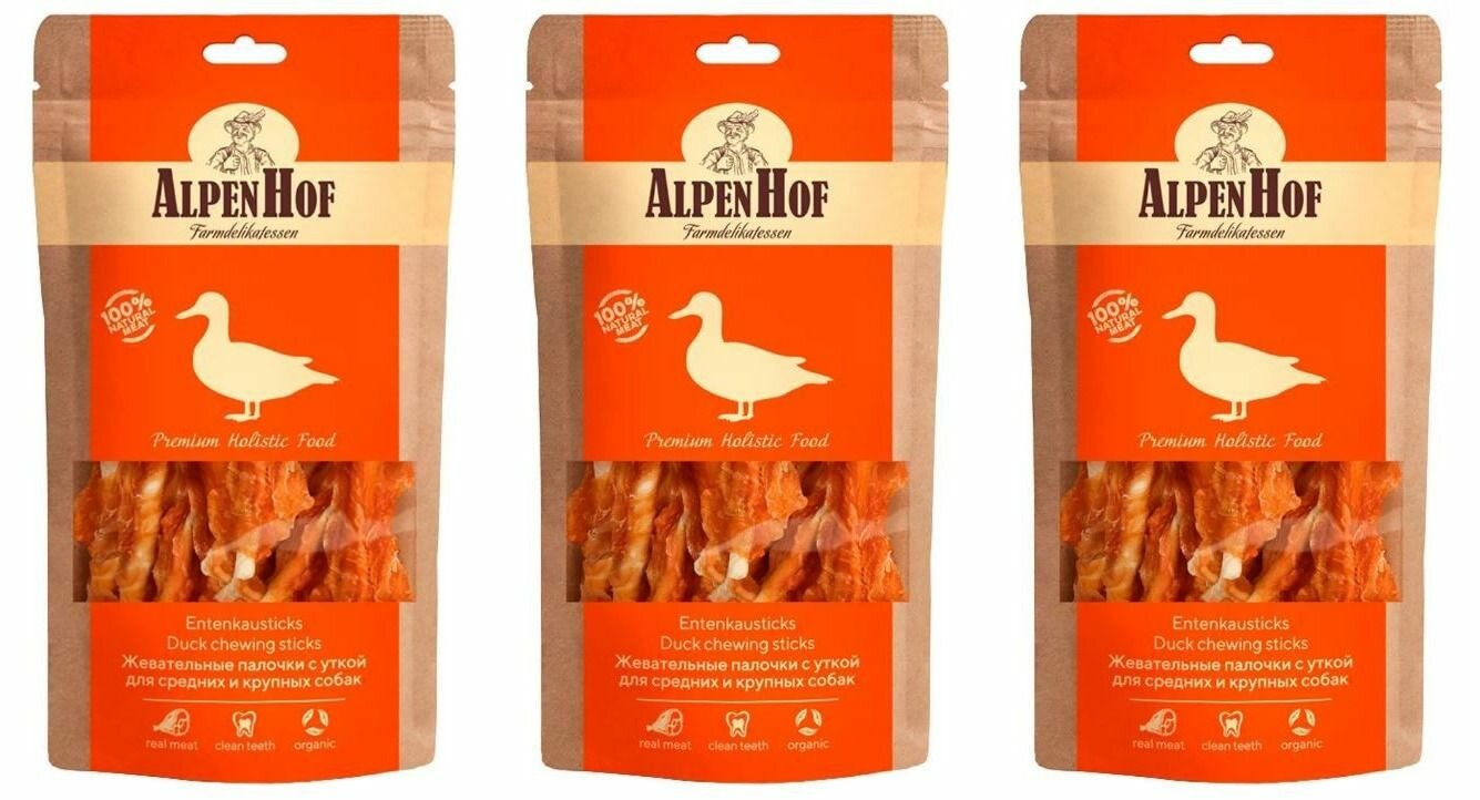 AlpenHof Лакомство для средних и крупных собак Жевательные палочки с уткой, 80 г, 3 уп