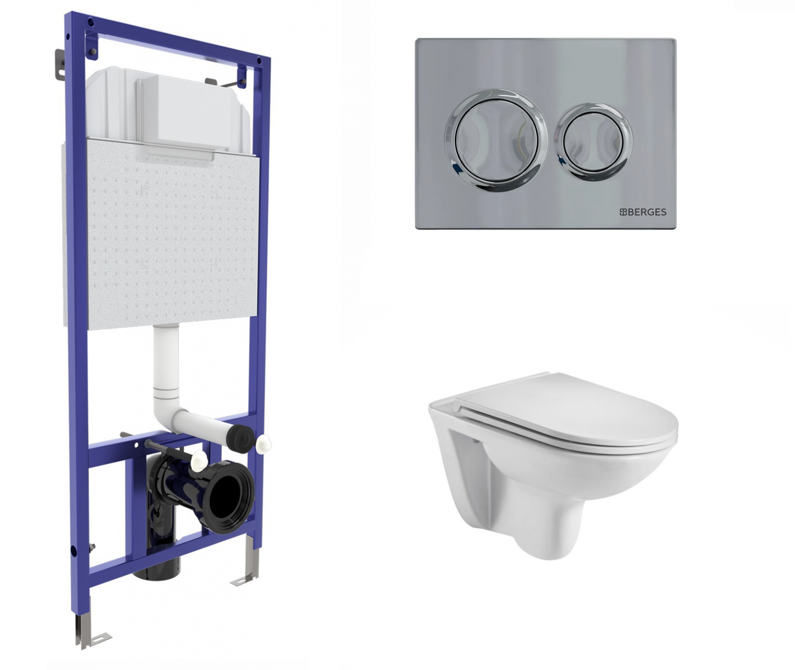 Комплект 3 в 1 инсталляция Berges Novum O3 + Подвесной унитаз WeltWasser Baarbach 004 GL-WT с кнопкой глянцевой хром