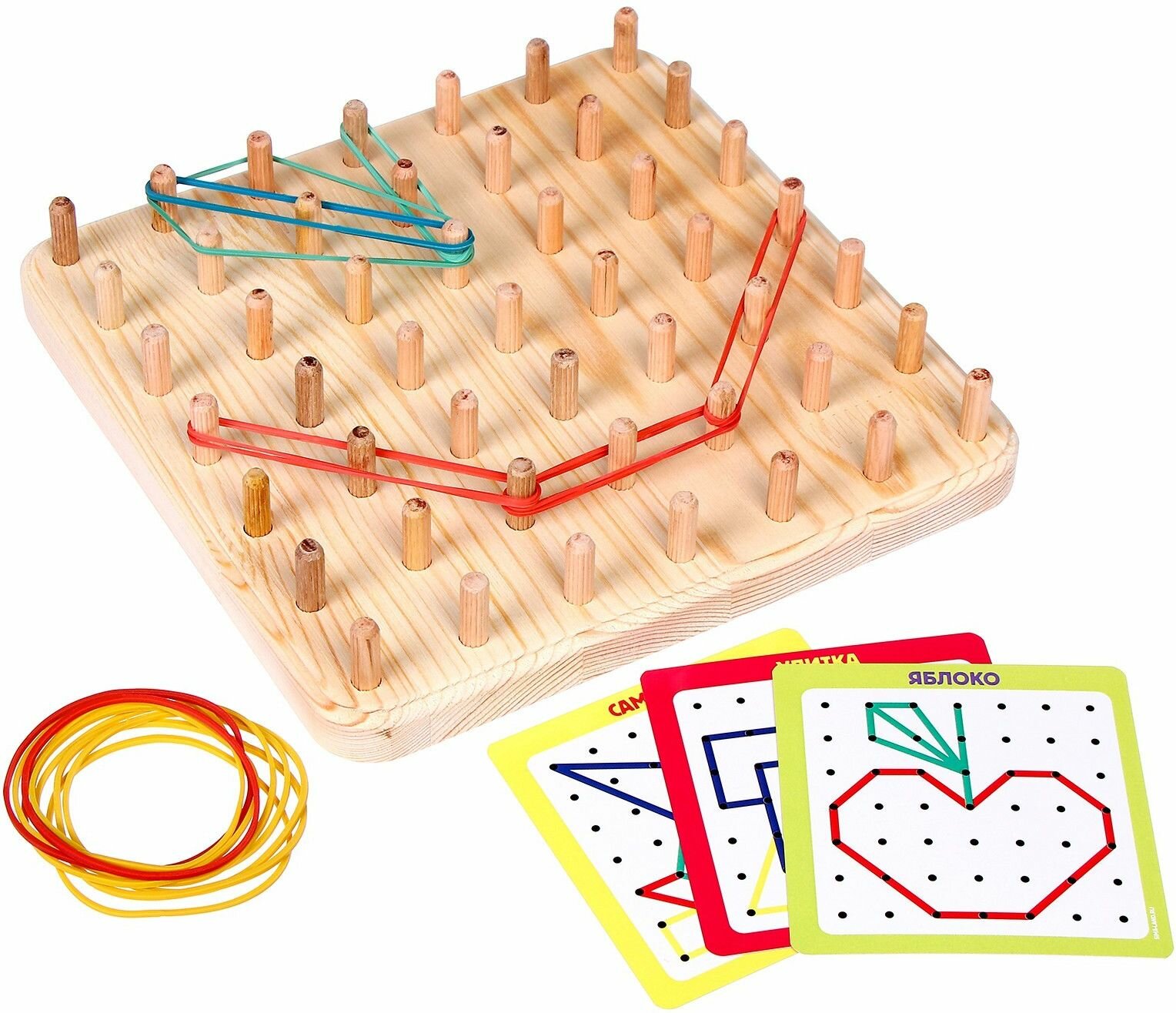 Обучающая игра Геоборд с карточками, набор с многоразовыми картинками и резинками, 24 схемы, 23х23 см
