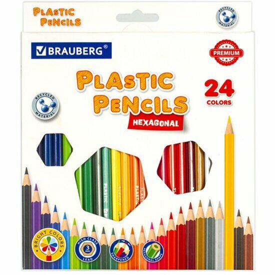 Карандаши цветные Brauberg пластиковые PREMIUM, 24 цвета, шестигранные, грифель мягкий 3 мм