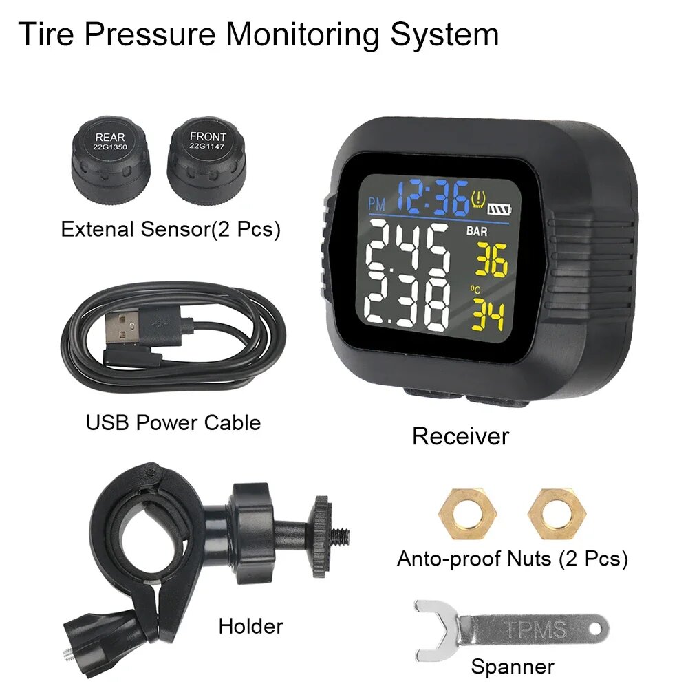Система Контроля Давления В Шинах Мотоцикла (TPMS) С Оповещением О Температуре, 2 Внешних Датчика