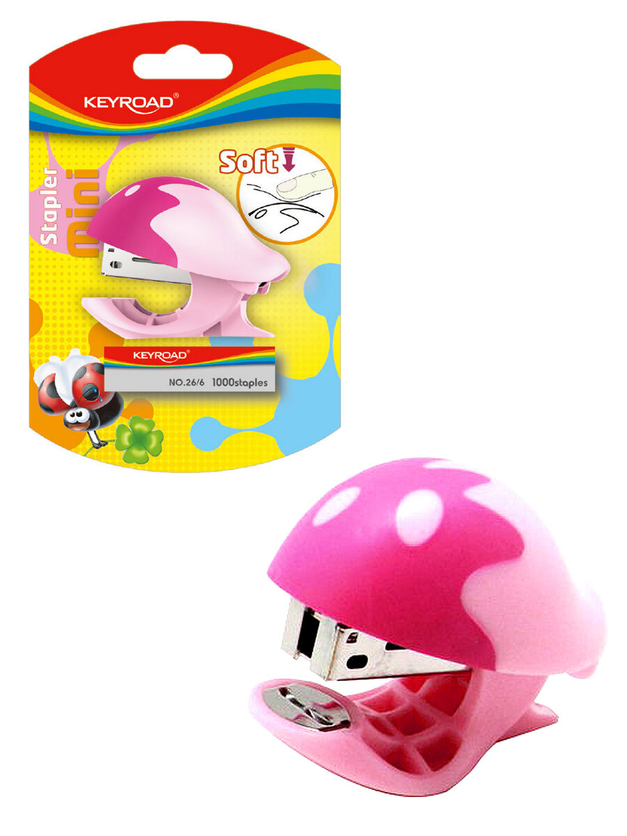 Мини степлер канцелярский до 10 листов + скобы 1000 шт розовый