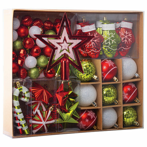 Шары новогодние ёлочные "Red&Lime", набор 67 предметов, красный/зелёный, пластик, золотая сказка, 592184