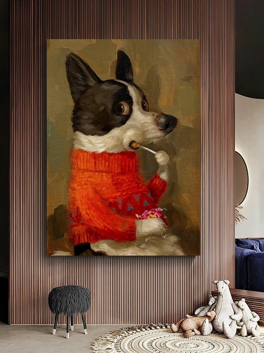 Картина милые песики - пес в куртке, 20х30 см.