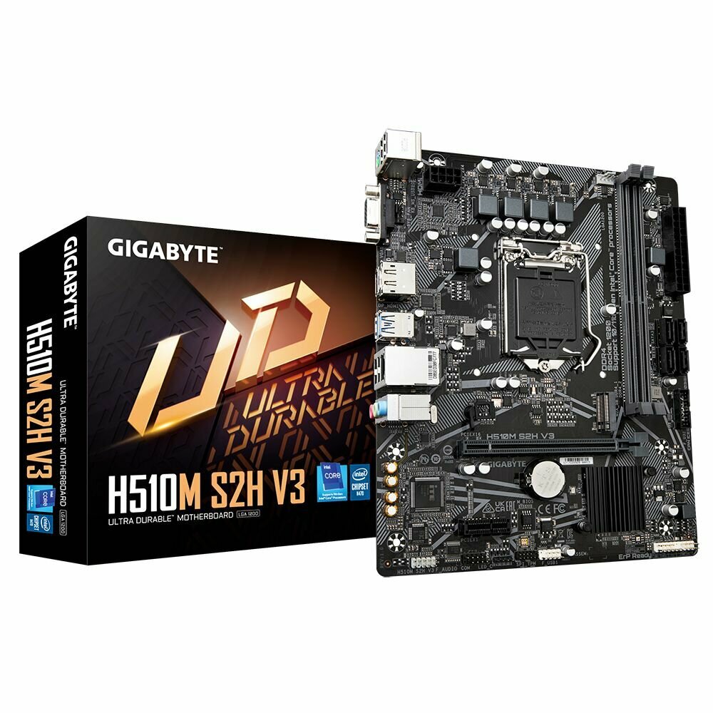 Материнская плата Gigabyte H510M S2H V3 Soc-1200 Intel H470 2xDDR4 mATX AC`97 8ch(7.1) GbLAN+VGA+HDMI+DP