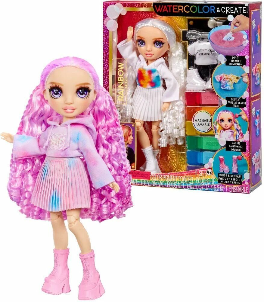 Кукла Rainbow High Watercolor & Create - Кукла с фиолетовыми глазами в белом наряде, который можно раскрасить смываемыми красками - Рейнбоу Хай 507581