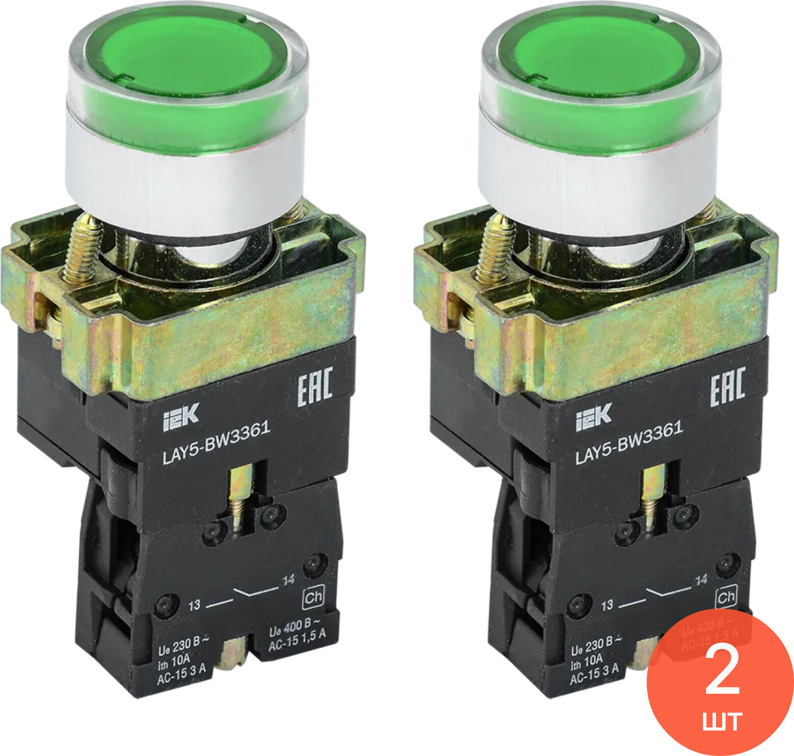 Кнопка управления IEK / ИЭК LAY5-BW3361 с подсветкой зеленая, 1з 10А IP40, под отверстие диаметром 22мм, BBT50-BW-K06 / кнопочный пост (комплект из 2 шт)