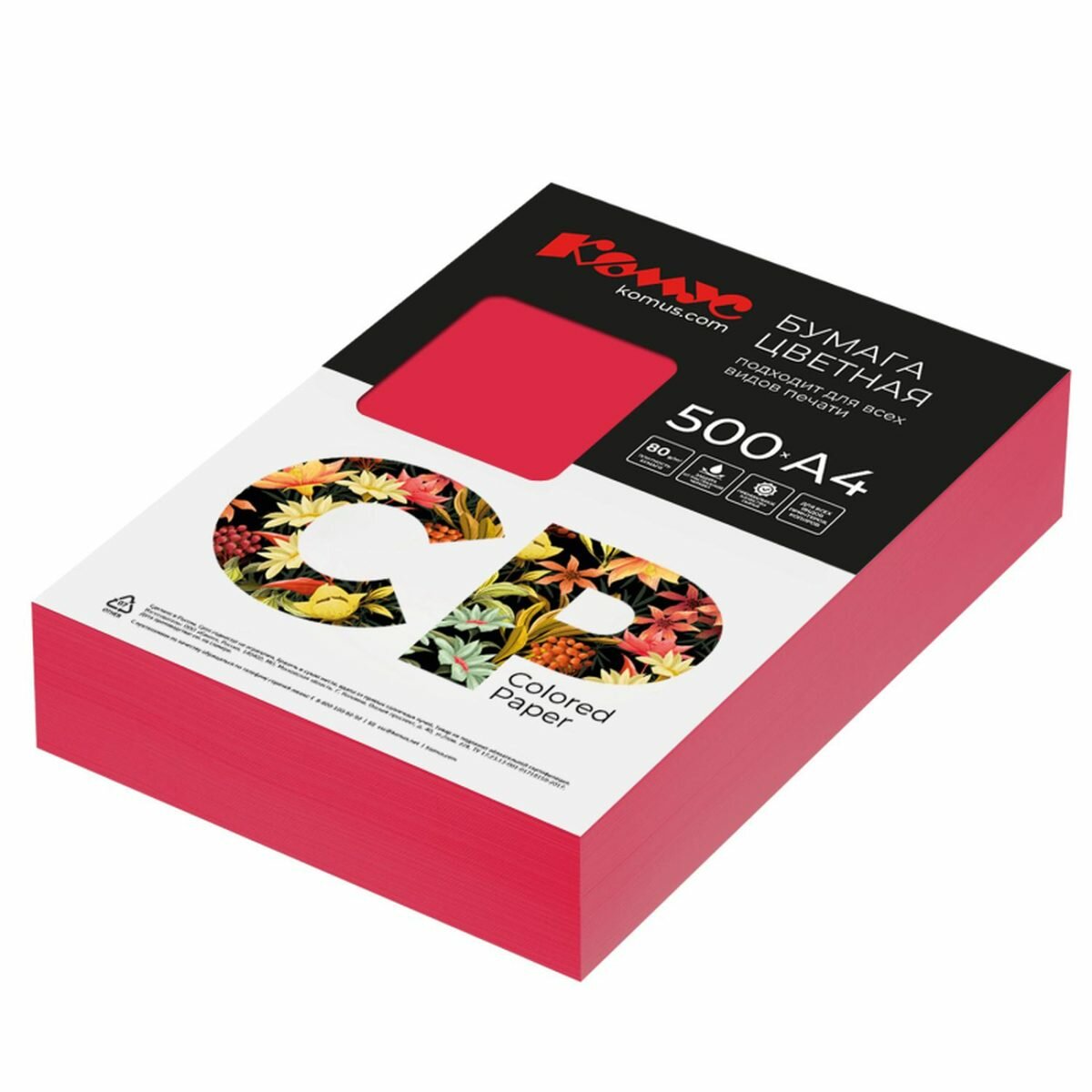 Бумага цветная А4 Комус CP, интенсив кораллово-красный CO44, 80 г/кв. м, 500 листов (1850441), 6 уп.