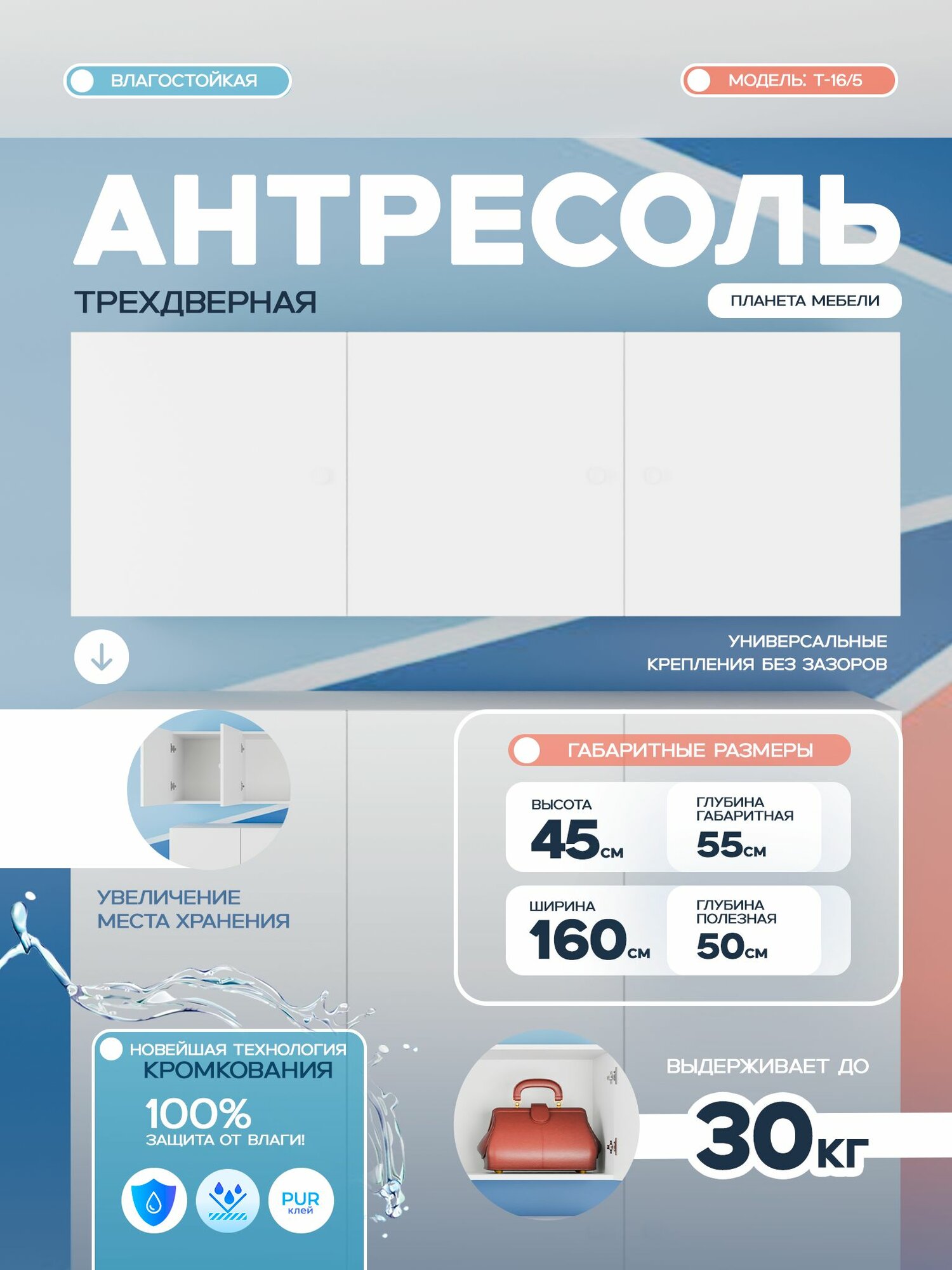 Антресоль 3-х створчатая - "Протей" (160х55х45см), для распашного шкафа, верхняя антресоль белого цвета t-16/5