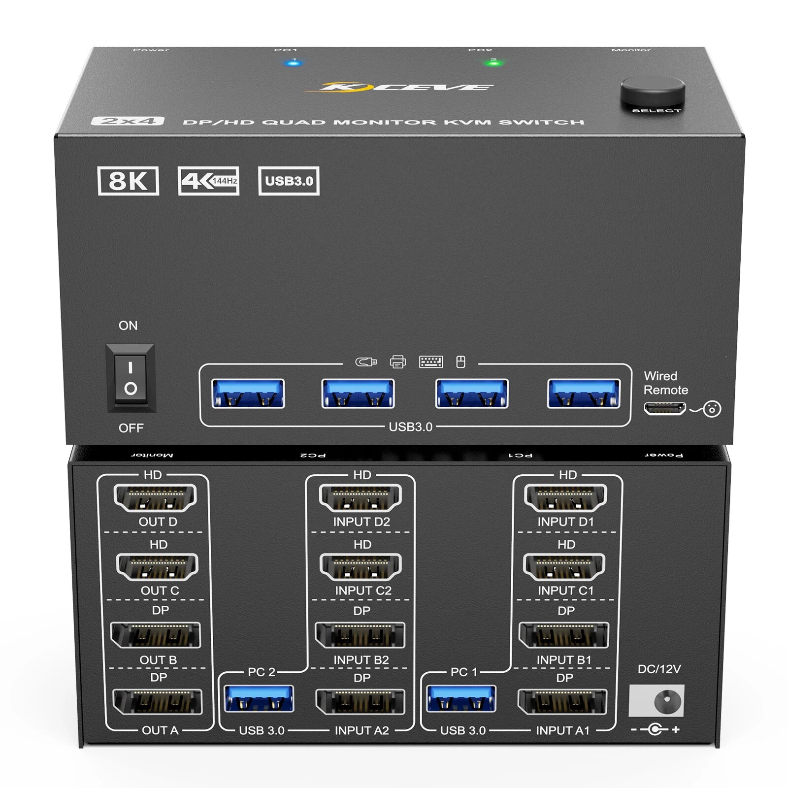 KVM-переключатель KCEVE 4 монитора 2 компьютера USB 3.0 HDMI + DisplayPort 204-2H2D, EU PLUG