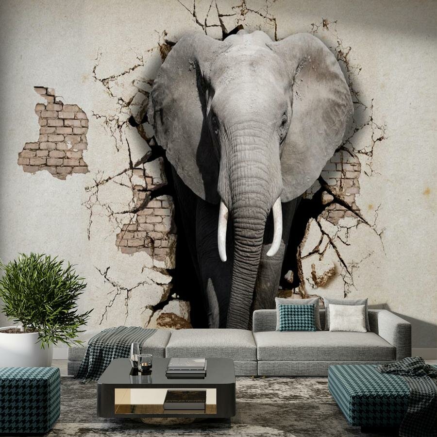 Фотообои Слон выходит из стены 10-545-S-Холст 270 x 200 см (ВхШ) Бесшовные, флизелиновые, влагостойкие обои MasterFresok