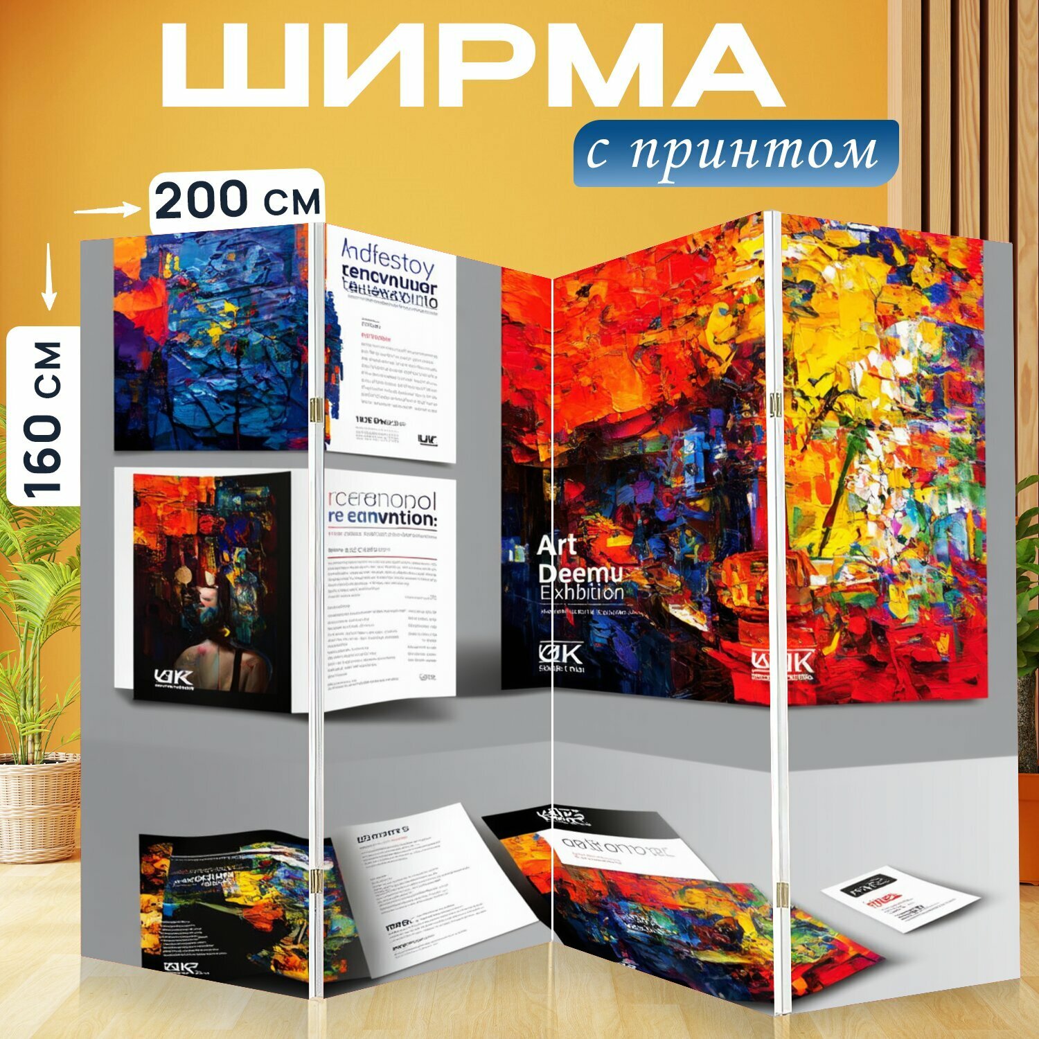 Ширма дизайнерский "Создайте концепт для выставки искусства, включая уникальные плакаты и буклеты, отражающие" перегородка для зонирования комнаты с принтом 200x160 см. на холсте