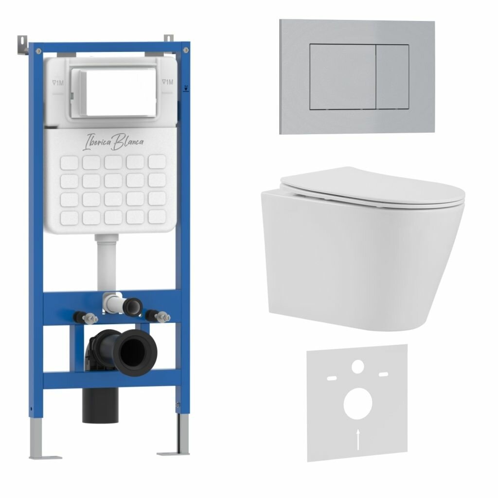 Комплект 6 в 1 инсталляция, унитаз TORNADO безободковый белый BURGOS ALTO (IB. BRA.234.1B1), клавиша смыва хром матовый, ABS пластик ESTI-S (IB. B085.004.000)