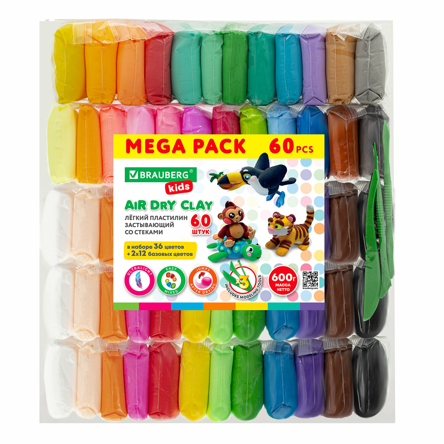 Пластилин Brauberg Kids супер, лёгкий, застывающий, 60 шт, 36 цветов + 2 х 12 базовых, 600 г, 3 стека