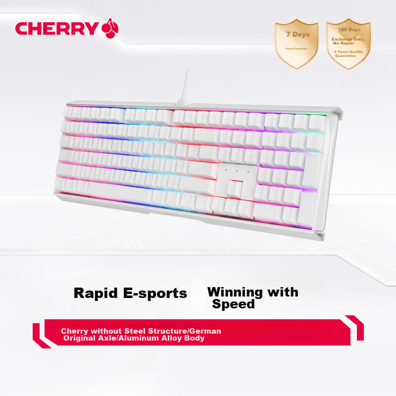 CHERRY MX3.0S Mechanical Keyboard, Gaming Keyboard, E-Sports Keyboard, Office Computer Keyboard, RGB Mixed Light Keyboard, Alloy Shell, Steel-Free Structure, White Brown Switch