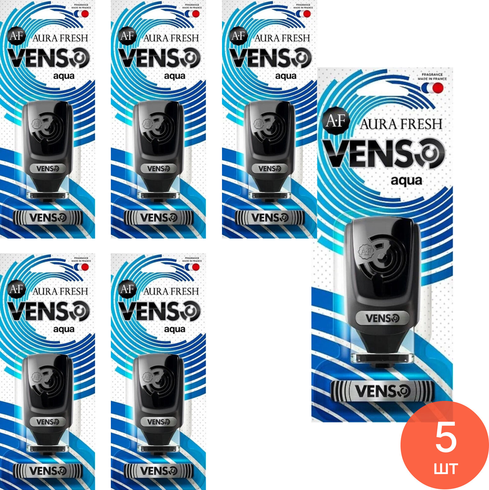 Ароматизатор автомобильный Aura Fresh / Аура Фреш Venso Aqua на дефлектор, морской аромат, 6мл / автотовары (комплект из 5 шт)