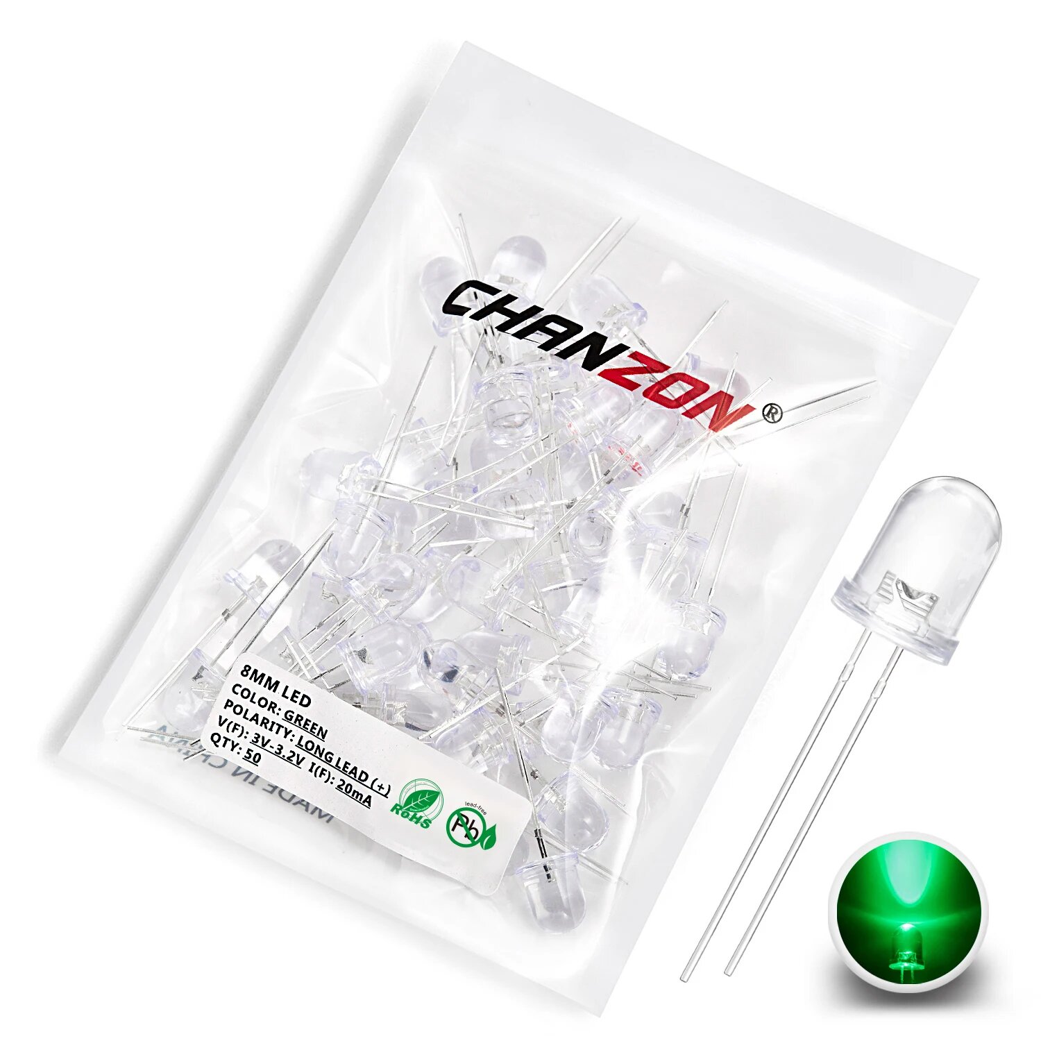 50 шт. Светодиоды 8 мм CHANZON Green Clear Lens