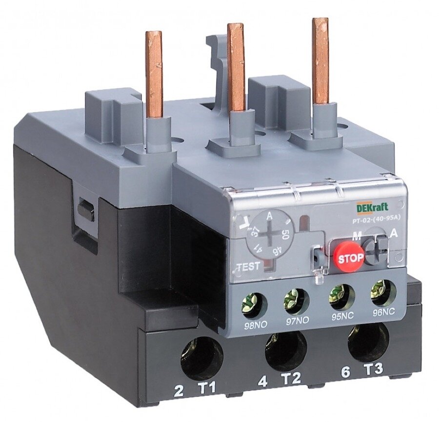Реле тепловое DEKraft / Де Крафт РТ-02 для контакторов 40А-95А 37А-50А, пластиковый корпус, серый, 119х72х83мм / электрика
