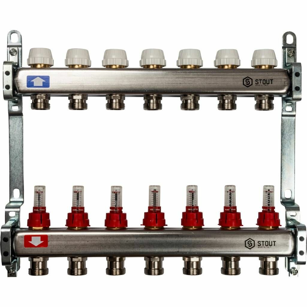 Коллекторная группа STOUT с расходомерами на 7 выходов из нерж. стали