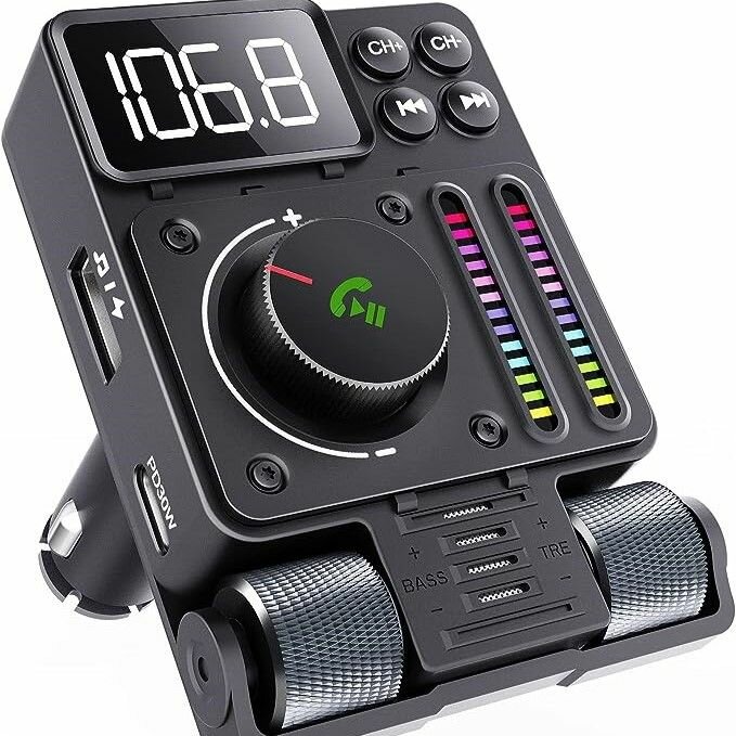 Автомобильный адаптер Bluetooth, FM-передатчик, быстрая зарядка PD 30 Вт Type C и USB-порт, Hi-Fi ВЧ и НЧ-плеер, цветной экран и музыкальная световая панель