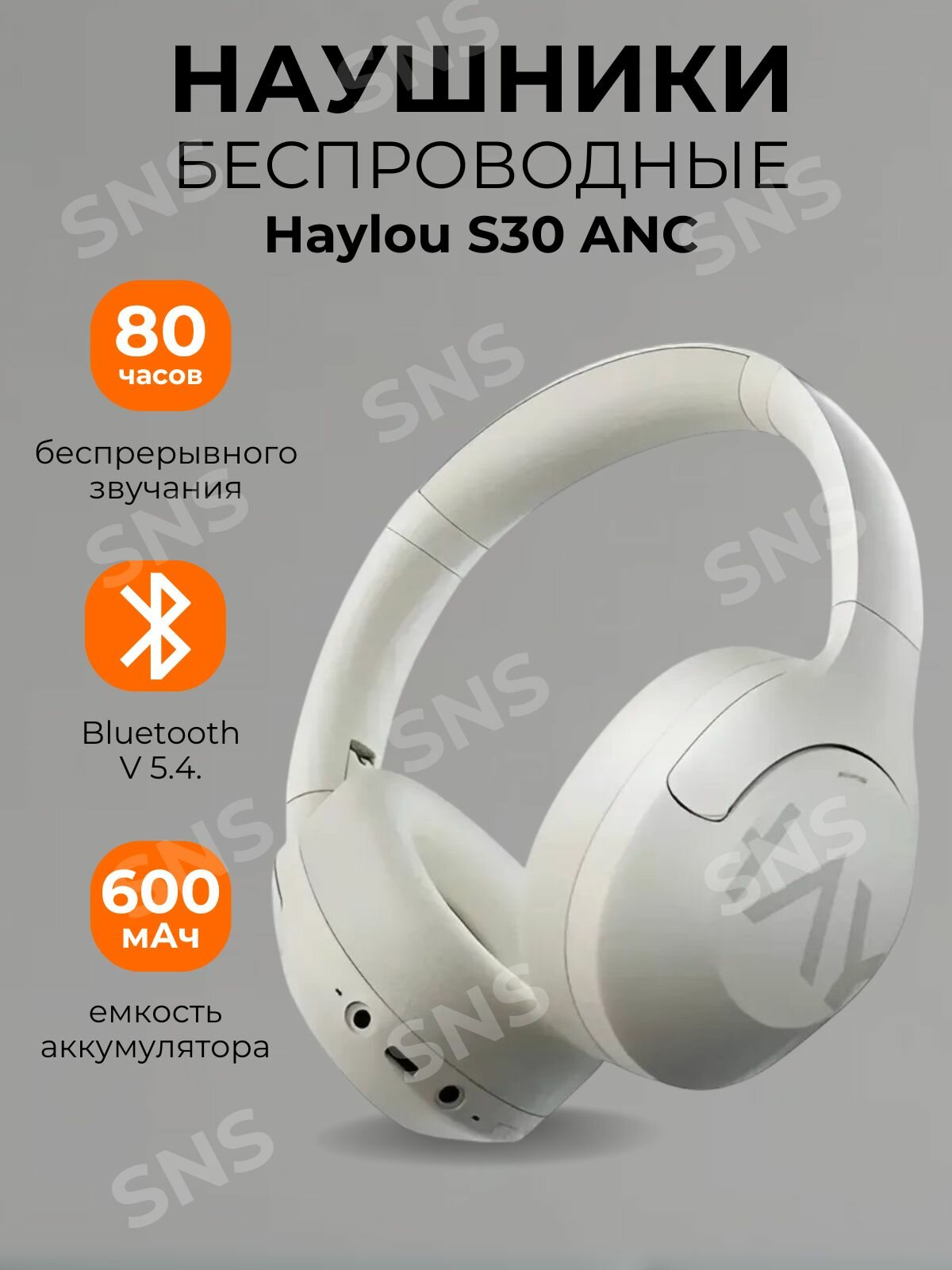 Полноразмерные беспроводные наушники Haylou S30 ANC с активным шумоподавлением и микрофоном Белые / White суббренд Xiaomi