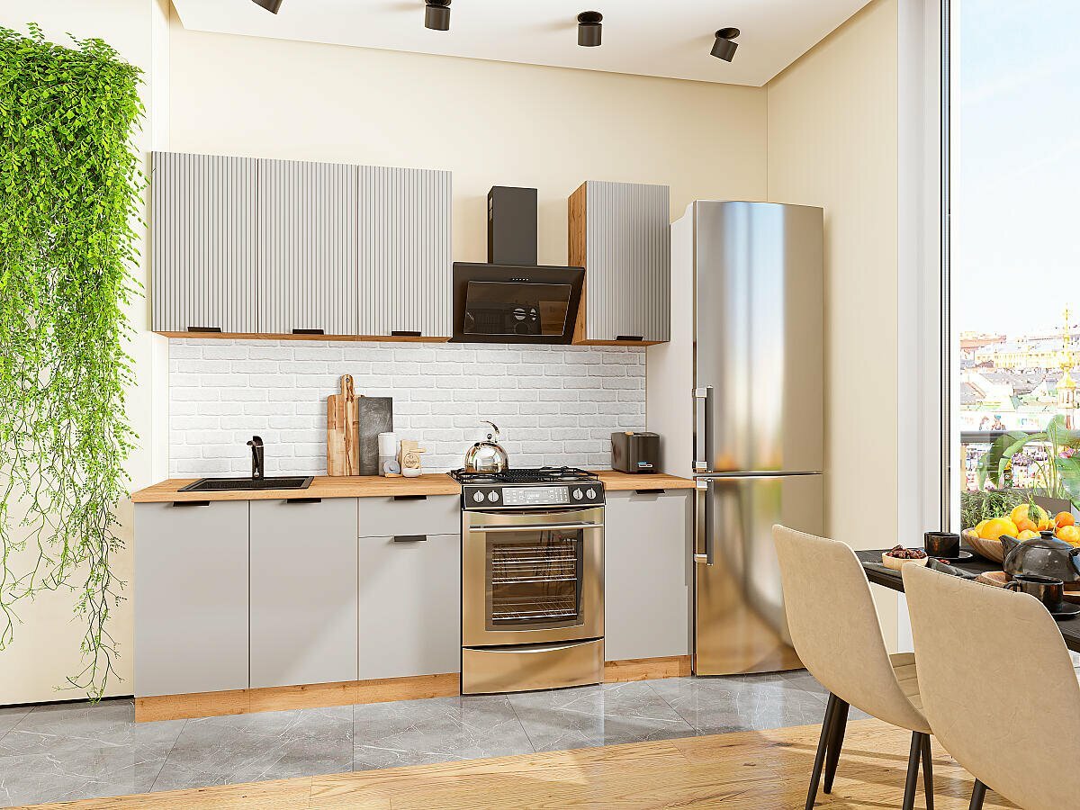 Кухня Евро Лайн-06, цвет фасада Агат, цвет каркаса Дуб Вотан, 2140*1400*600 мм