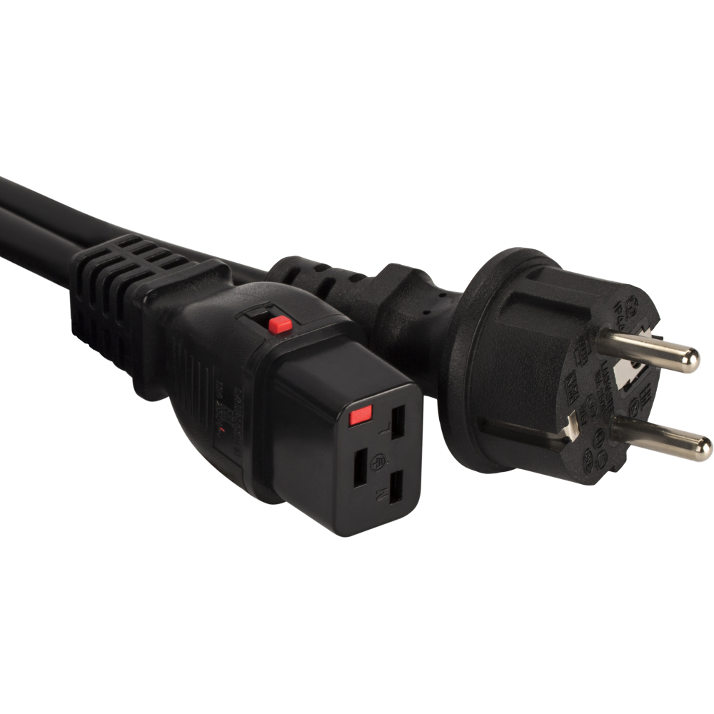 Кабель питания Lanmaster LAN-PP19L/SH-3.0-BK с блокировкой C19-Schuko, 3х1.5, 220В, 16А, черный, 3 метра