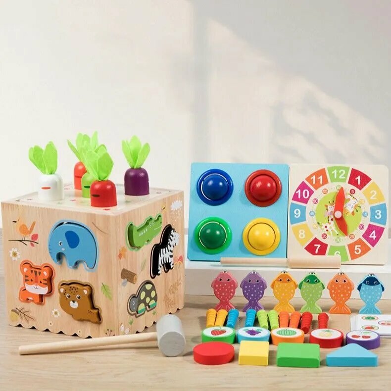 Деревянный куб сортер 8в1, развивающая детская игрушка Монтессори для детей от года, мультикуб 62 элемента