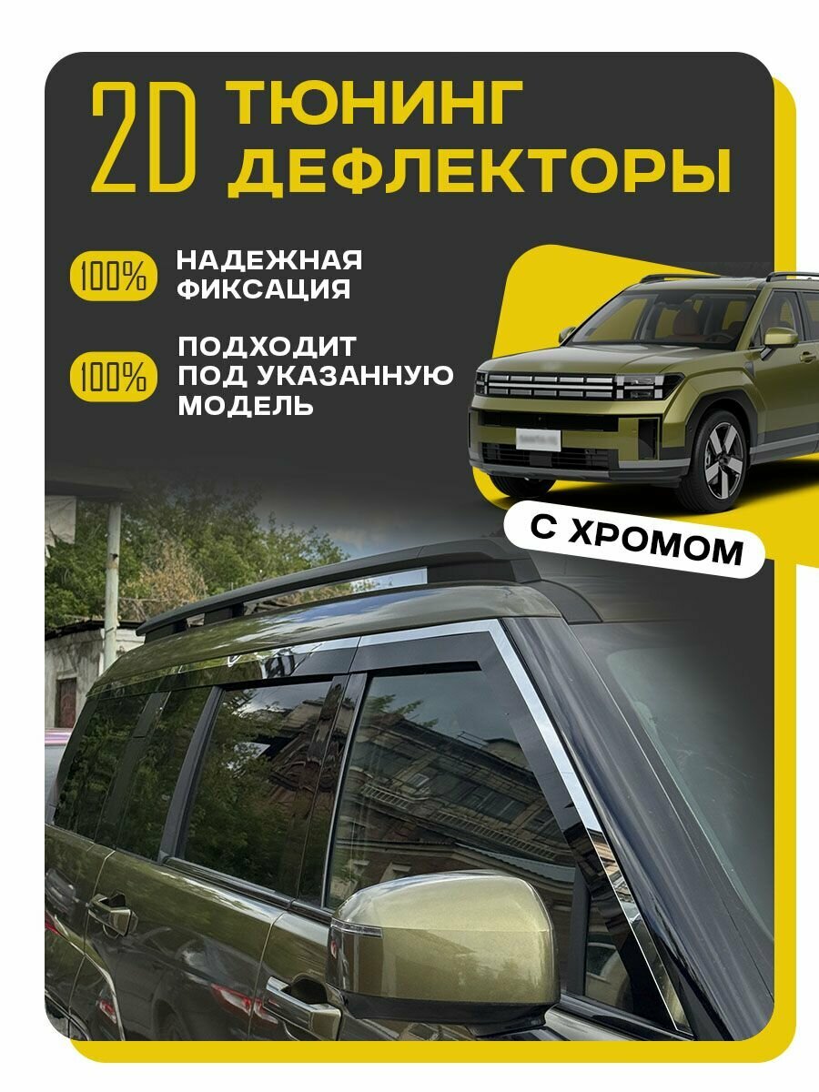 Плоские тюнинг дефлекторы для окон Hyundai Santa Fe 5 (MX5) (2023-2025) Ветровики для Хендай Санта Фе 5 поколение / 2d дефлекторы. Комплект 6 шт с хромом.