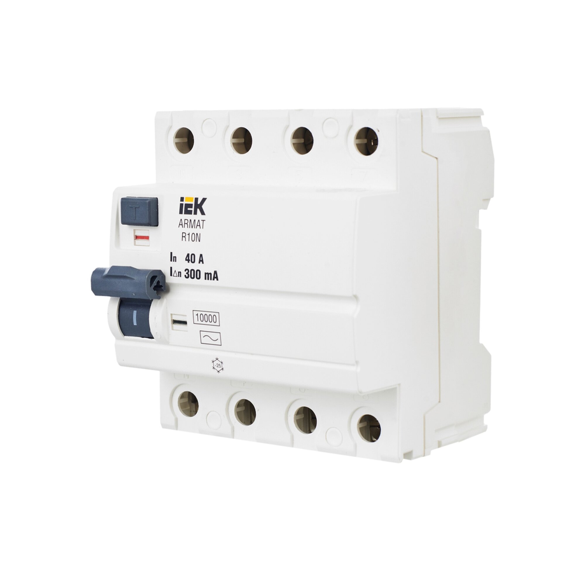 Выключатель дифференциального тока IEK ARMAT R10N, 4P, 40А, 300мА, тип AC, электромеханический, IP20, 380В